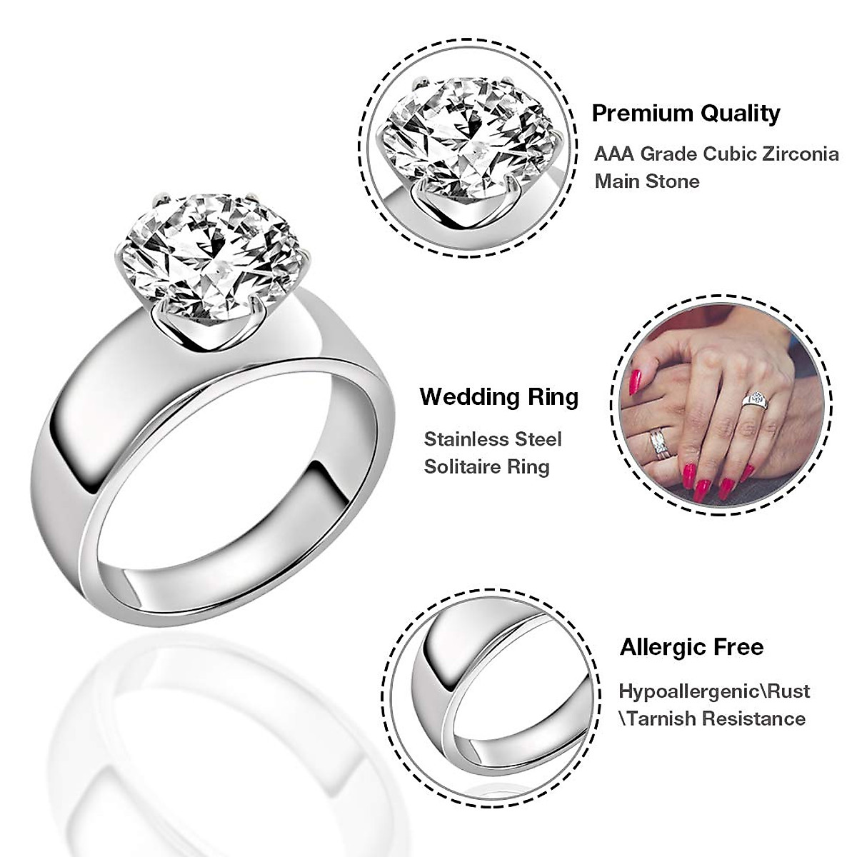 FlameReflection Stainless Steel 4 Carat Round Cubic Zirconia CZ Engagement Women Wedding Solitaire Promise Bands Ring size 6