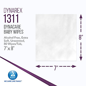 Dynarex 1311 Baby Non-Alcohol Wipe, Lanolin and Aloe to Moisturize Skin, Non-Woven and Unscented, 7 x 8", Pack of 960