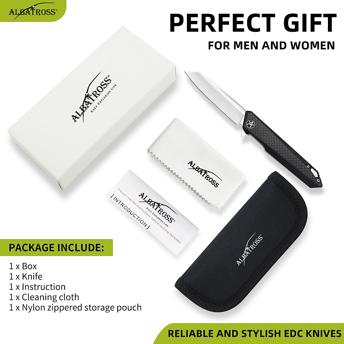 ALBATROSS Outdoor Folding Knives Stonewash D2 Steel Blade, Pocket Knife With Pocket Clip FK062