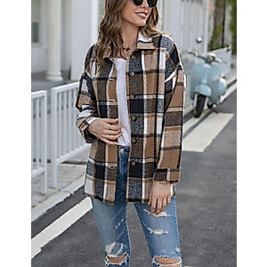 Yeokou Women's Fall Color Block Plaid Flannel Shacket Jacket Button Down Shirt Coat Tops(Khaki-S)