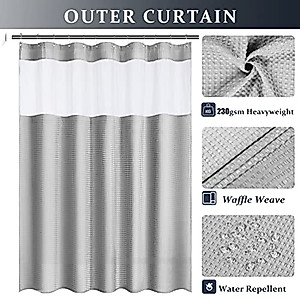 Yimobra Waffle Shower Curtain Sets with Liner, Heavyweight Fabric with 12 Hooks, Water-Repellent, Washable, Mesh Top Window, 72 "x 72", Gray