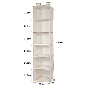 MaidMAX 6 Shelf Hanging Closet Organizer Storage Collapsible Hanging Closet Shelves Hanging Organizer for Closet with 2 Widen Straps, Foldable, Beige, 51.5 Inches High