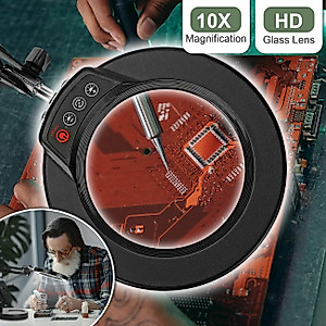 10X Magnifying Glass with Light and Stand, Upgrade Button 5 Color Modes Dimmable Lighting, Krstlv 2-in-1 LED Lighted Magnifier, Hands Free Desk Lamp with Clamp for Soldering Craft Hobby Close Work