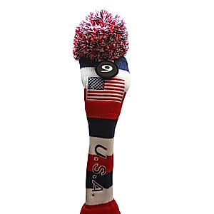 USA Majek Golf Driver 1 3 5 7 9 X Fairway Woods Headcovers Pom Pom Knit Limited Edition Vintage Classic Traditional Flag Stars Red White Blue Stripes Retro Head Cover Fits 460cc Driver and 260cc Woods