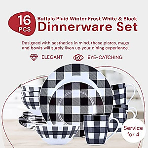 Winter Frost White, Black Modern Kitchen Dinnerware Sets, Indoor and Plates, 16-Piece Plaid Kitchen Plates and Bowls Set with Mugs, Dishwasher Safe