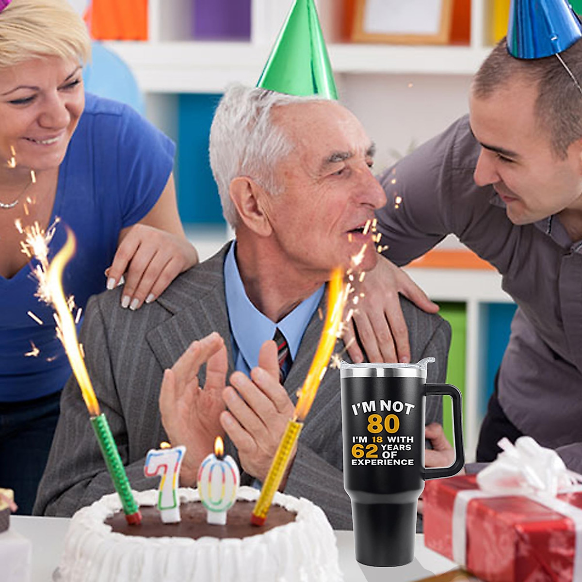 Qeenking 80th Birthday Gifts for Him Her - Birthday Tumbler for Women Men Dad Mom - 40 OZ Stainless Steel Cup Travel Mug Water Bottle with Handle and Straw - The Best Birthday Gift Ideas