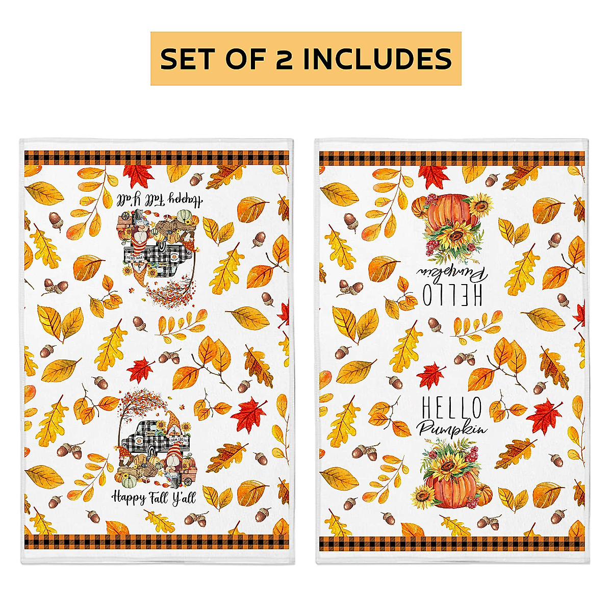 Bonsai Tree Fall Hand Towels Bathroom, Autumn Pumkins Gnomes Kitchen Towels 18”x28”, Buffalo Plaid Truck Maple Leaves Seasonal Dish Tea Towel Housewarming Gifts Decor for New Home Sets of 2