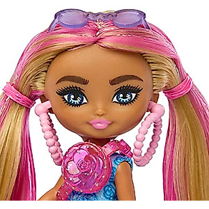 Barbie Extra Mini Minis Doll with Pink-Streaked Blonde Pigtails Wearing Blue Dress & Accessories & Stand, 3.25-inch
