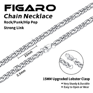 Jewlpire Silver Chain for Men Women, 5.5mm Men's Chain Necklace Stainless Steel Figaro Chain Necklaces Mens Silver Chain, 16 Inches