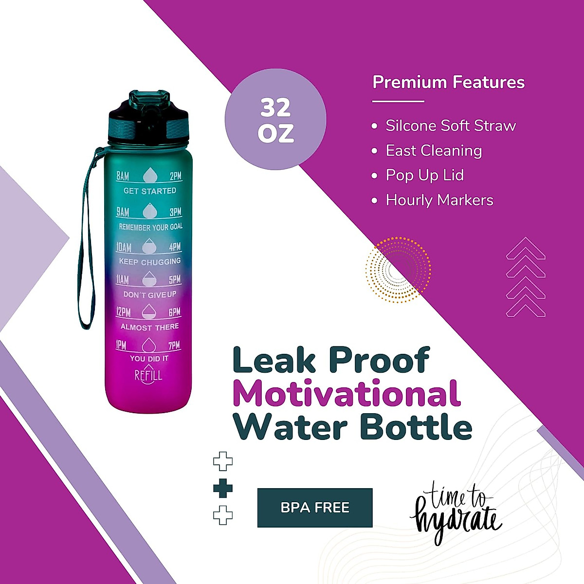 32 oz Water Bottle with Times to Drink and Straw. With Clearly Marked Times To Drink Throughout The Day And a Convenient Straw For Spill-Proof Sipping, Track Your Water Intake and Stay Hydrated.