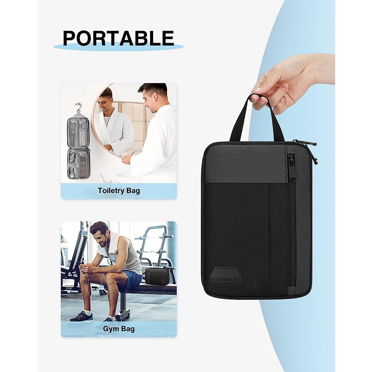 BAGSMART Travel Toiletry Bag, Toiletry Bag for Women and Men with Hanging Hook, Water-resistan Dopp Kit Door Room Essentials Makeup Cosmetic Bag, Shaving Bag Organizer for Traveling, Camping Black