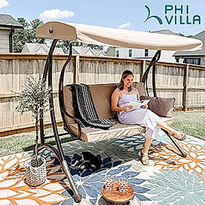 PHI VILLA 3-Seat Porch Swing with Canopy,Outdoor Swing with Removable Cushion,Patio Swing Chair/Bench for Porch, Garden, Poolside, Balcony, Backyard,Alloy Steel Frame,Brown