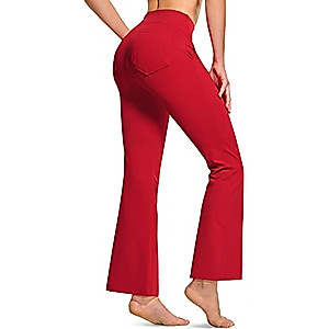 TSLA Womens Bootcut Yoga Pants with Pockets, Tummy Control High Waist Bootleg Yoga Pants, 4 Way Stretch Workout Pants, Bootcut Petite Red, Large