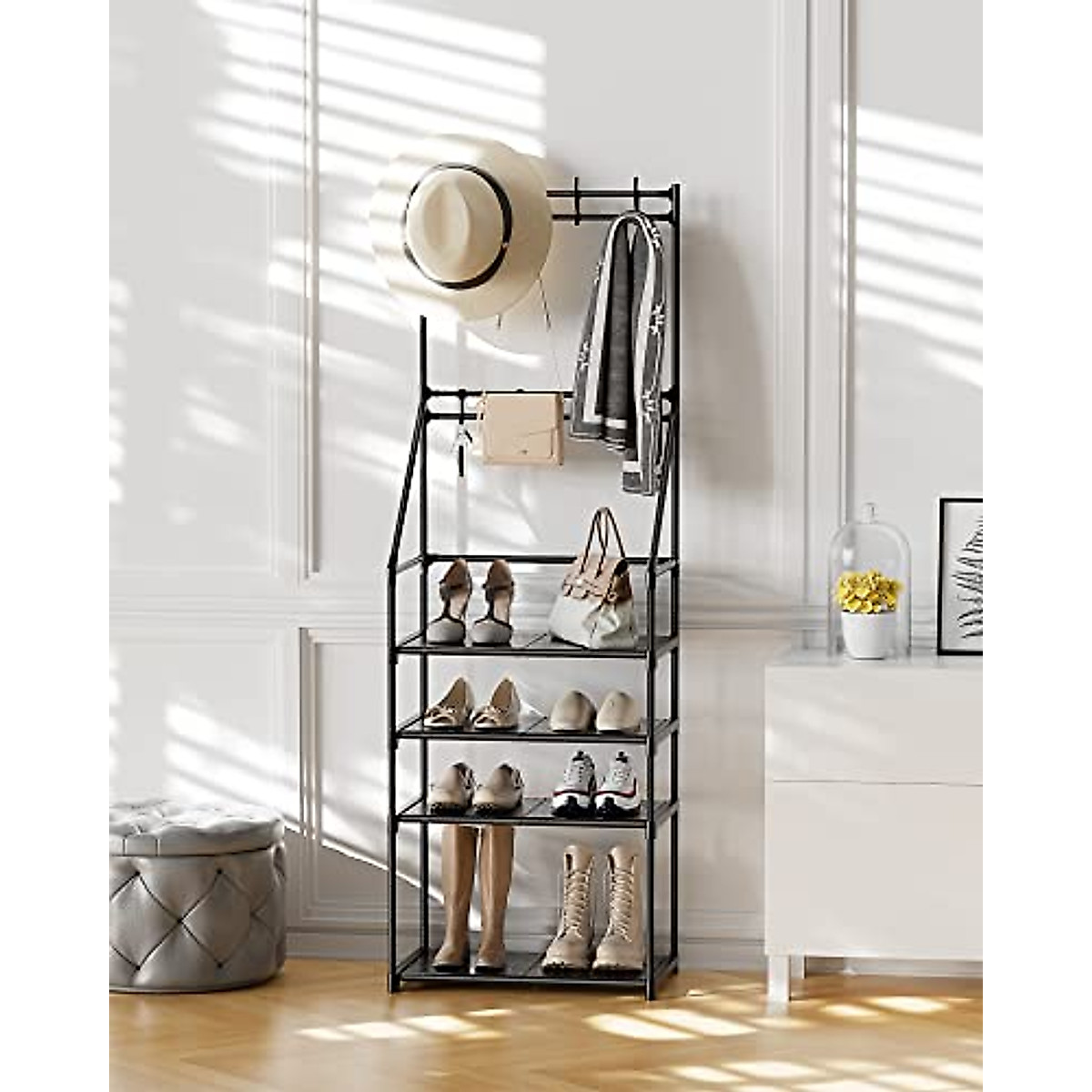 TIMEBAL Shoe Rack Coat Hat Rack, Stackable Shoe Storage Organizer, holds 8 Pair Shoes and Boots and hangs Coats & Hats, Durable Metal Pipes Shoe Shelf Organizer for Entryway, Hallway, Living Room
