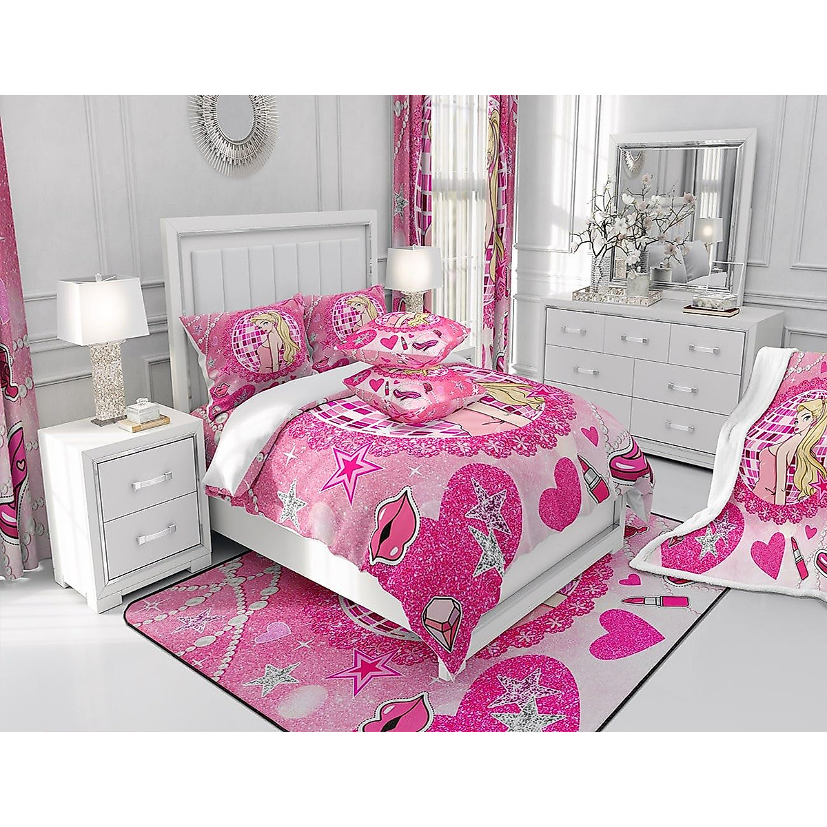 Pink Girly Princess Kids Duvet Cover Set Twin Size,High-heeled Shoes Lip Bowknot Romantic Bedding Set,Beauty Girls Room Decor,Glitter Sequin Diamond Comforter Cover,Dreamy Quilt Cover,1 Pillowcase