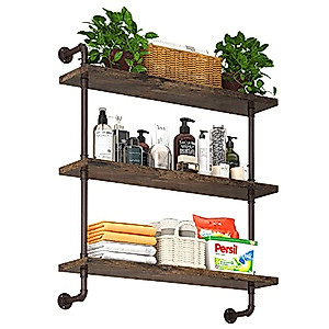 PUSDON Industrial Pipe Shelving Wall Mounted 3 Tier 32 Inch, Bathroom Metal Floating Shelves Bronze, Wood Hanging Storage Bookshelf, Heavy Duty Sturdy Rack for Home Office Garage Farmhouse Bar