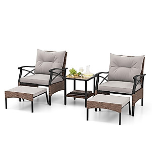 Tangkula 5 Pieces Wicker Patio Furniture Set, Outdoor Rattan Chairs with Ottomans, Cushions and 2-Tier Tempered Glass Side Table, Patio Conversation Bistro Set for Garden, Porch, Balcony