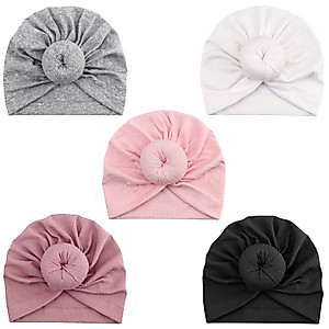 DRESHOW BQUBO 5 Pieces Baby Turban Hats Turban Bun Knot Baby Infant Beanie Baby Girl Soft Cute Toddler Cap