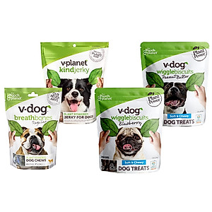 V-dog Treat Bundle for Large Dogs | 100% Vegan Jerky Treats | Vegan Soft and Chewy Dog Biscuits (Natural Blueberry Natural Peanut Butter) | Vegan Breathbone Teeth Cleaning Dental Bones