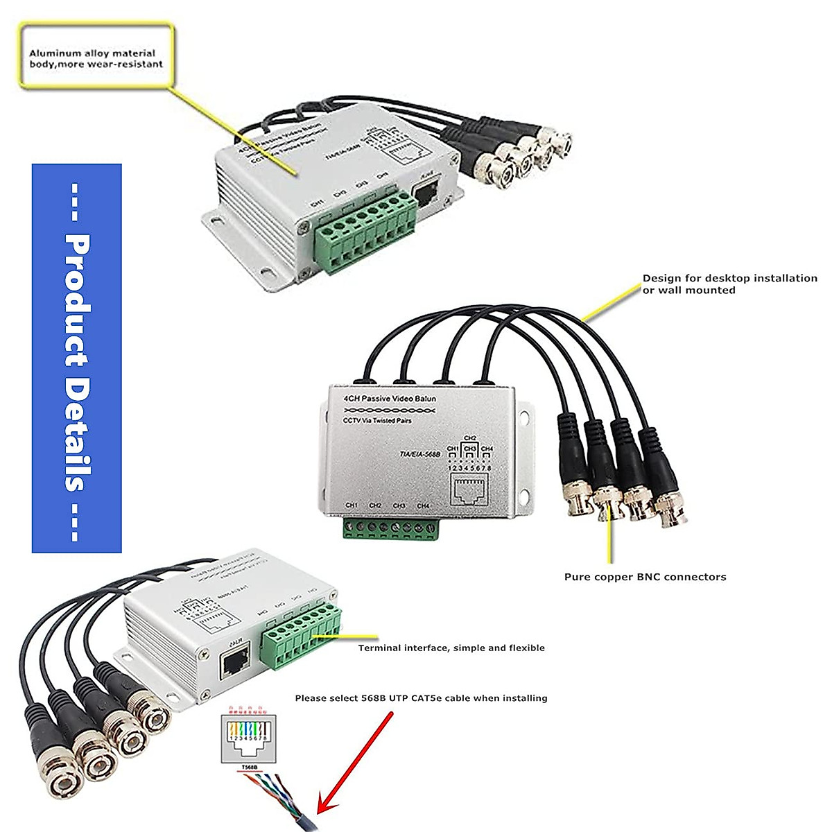 BeElion 4-CH 720P/1080P HD Passive Video Balun, Aluminium Alloy BNC to RJ45 Network Transceiver Cat5e/Cat6 Adapter AHD/TVI/CVI/CVBS for Full HD Security Surveillance Camera System