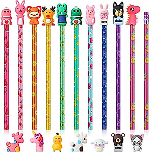 Ireer 60 Pcs Scented Pencils for Kids Animal Fruit Scent HB Graphite Pencils with 60 Pcs Cartoon Pencil Toppers Cute Pencil Cap Gift for School Office Classroom Party Reward Supplies (Bright Style)