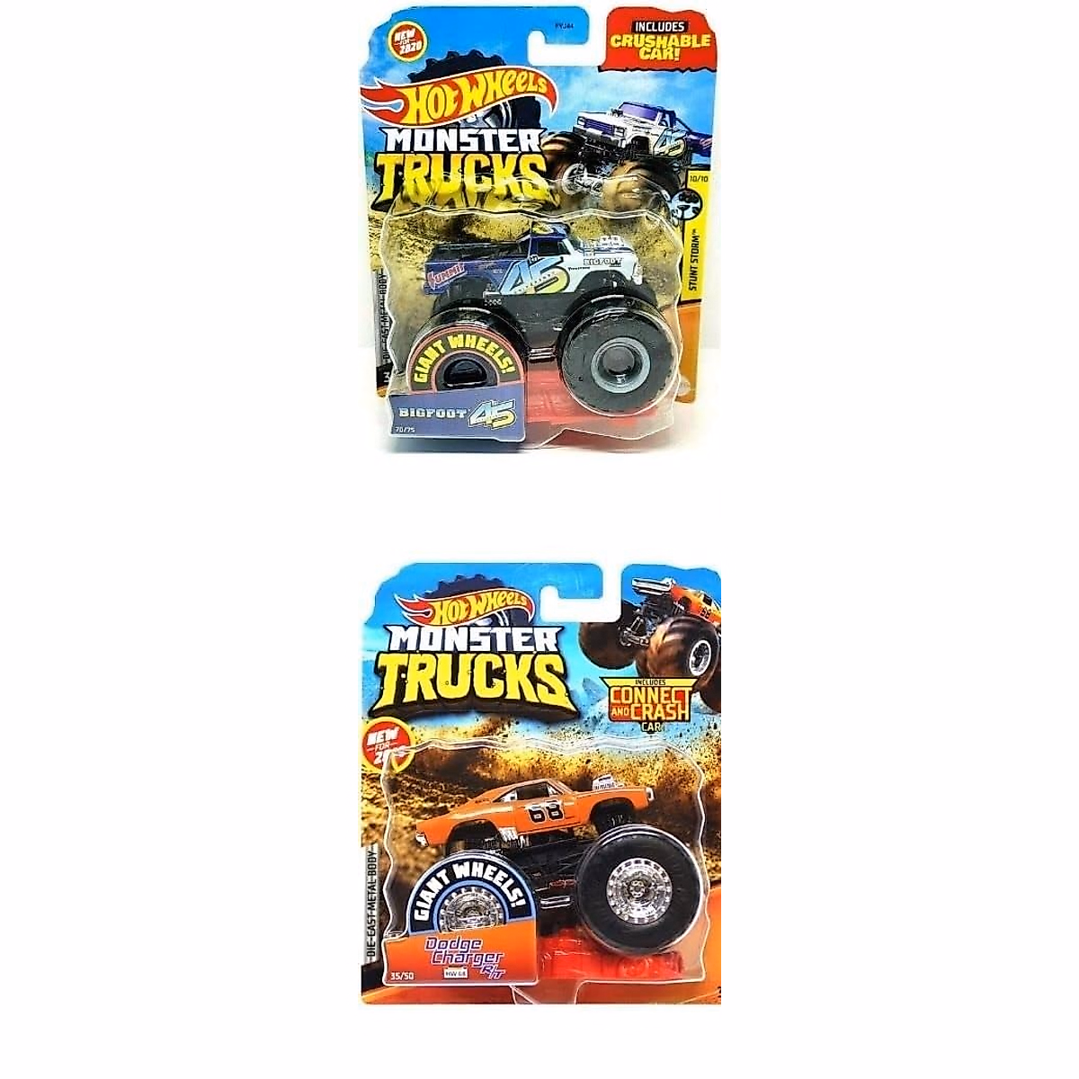 Hot Wheels Monster Trucks Crushable Car Set of 6 Diecast Vehicles with Bigfoot 45, Dodge Charger, Camaro and More