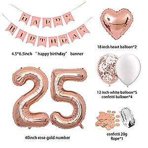 Birthday Decorations Happy Birthday Banner 40inch Rose Gold Number 25 Balloons Rose Gold Confetti Balloons 1" in Diameter Heart Confetti for 25th Birthday Party Supplies Photo Props (Rose Gold 25)