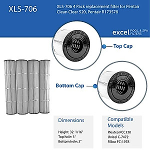 Excel Filters XLS-706 4 Pack Replacement Filter for Pentair Clean Clear 520, Pentair R173578. Also Replaces Unicel C-7472, Filbur FC-1978, Pleatco PCC130
