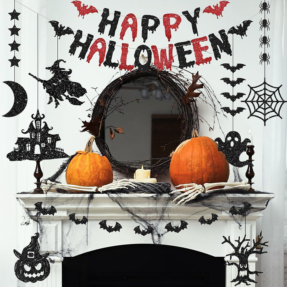 PatiCool Happy Halloween Banner Glitter Pre-Strung | Black and Red Halloween Garland - Paper Happy Halloween Sign, Bats Banner and 7 Hanging Garland for Halloween Party Decorations