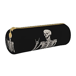 Rock And Roll Skeleton Skull Boho Hippie Cylinder Pencil Case Holder Zipper Pen Bag Pouch Students Stationery Cosmetic Bag