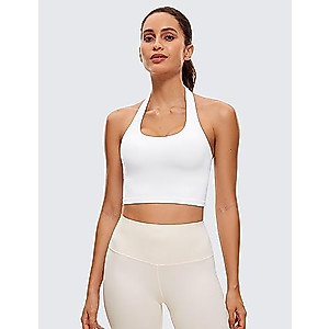 CRZ YOGA Womens Butterluxe Halter Longline Sports Bra - Padded Workout Yoga Crop Tank Tops with Built in Shelf Bra White Small