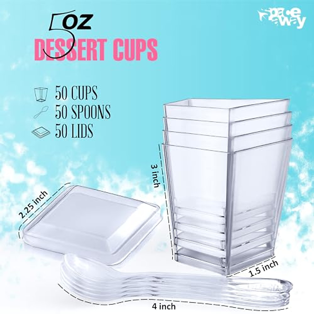 Space Away 50Pack 5oz Dessert Cups Square Parfait Cups with Lids Dessert Bowls Clear Dessert Cups with Lids & 50 Spoons for Parties & Events Mini Dessert Cups Appetizers Pudding Fruit Ice Cream Cups