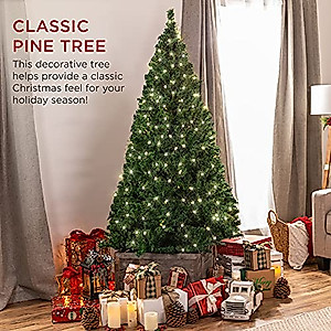 Best Choice Products 6ft Pre-Lit Premium Hinged Artificial Holiday Christmas Pine Tree for Home, Office, Party Decoration w/ 1,000 Branch Tips, 250 Lights, Metal Hinges & Foldable Base