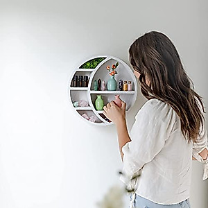 Crescent Moon Shelf Wall Decor - Rustic Wooden Moon Shelf for Crystals, Stones & Essential Oils - Wall-Mounted & Easy to Hang - Boho Shelf for Nursery or Bedrooms - 14 x 14 x 3.5 in. (White)