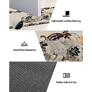 Farmhouse Thanksgiving Bath Mat for Tub,Non Slip Bathroom Floor Runner Rug Quick Dry & Absorbent Diatomaceous Earth Shower Sink Kitchen Washable Doormat,European Pumpkins Gold Floral Leaf 16x24+16x47