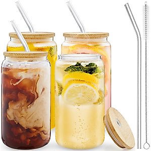 Pouheshi 4pcs Glass Cups with Lids and Straws, 16OZ Beer Can Shaped Drinking Glasses Set, Iced Coffee Cup, Glass Tumbler with 1 Cleaning Brush, Ideal for Cocktail, Whiskey, Tea
