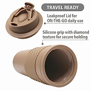 Stephan Roberts 16 oz Coffee Tumbler Set, 2 Pack, Made with Real Coffee Grounds, Detachable & Insulated Double Wall, Cup Holder Ready, Dishwasher and Microwave Safe, Leak Proof Lid, BPA Free, Brown