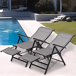 MoNiBloom 3 in 1 Lounge Chair Set of 2 Patio Folding Lawn Lounge Chairs Outdoor Lounge High Back Chair Camp Reclining Lounge Chair with Retractable Footrest for Poolside Backyard, 300lbs Capacity