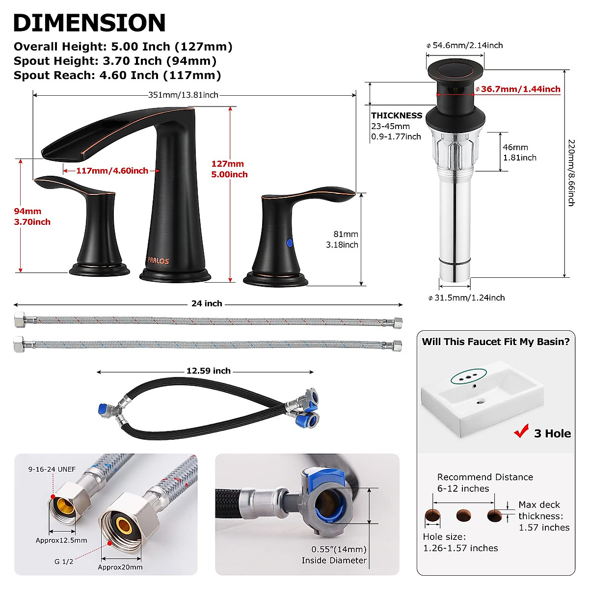PARLOS Waterfall Widespread Bathroom Faucet Double Handles with Metal Pop Up Drain & cUPC Faucet Supply Lines, Oil Rubbed Bronze, Demeter 1431803