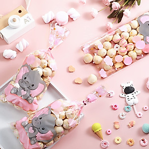 100 Pieces Baby Shower Cellophane Treat Bags Cute Candy Bags Baby Shower Favors Gender Reveal Plastic Goodie Storage Bags with 100 Twist Ties for Baby Shower Birthday Party Supplies (Pink)