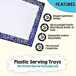 Yumchikel -Plastic Serving Tray & Platter Set (4pk)- Blue & White Lace Rim Disposable Serving Trays & Platters for Food - Weddings, Thanksgiving Parties, Dessert Table, Cupcake Display- 7.5x14 inches