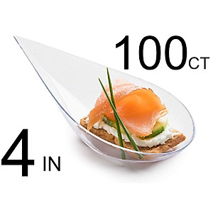 Zappy - 100 Clear 4 Inches Plastic Tear Drop Appetizer Spoon Clear Plastic Spoon Tasting Spoons Soup Spoons/Asian Spoon Dessert Dish Bowls Teardrop Plates Spoons