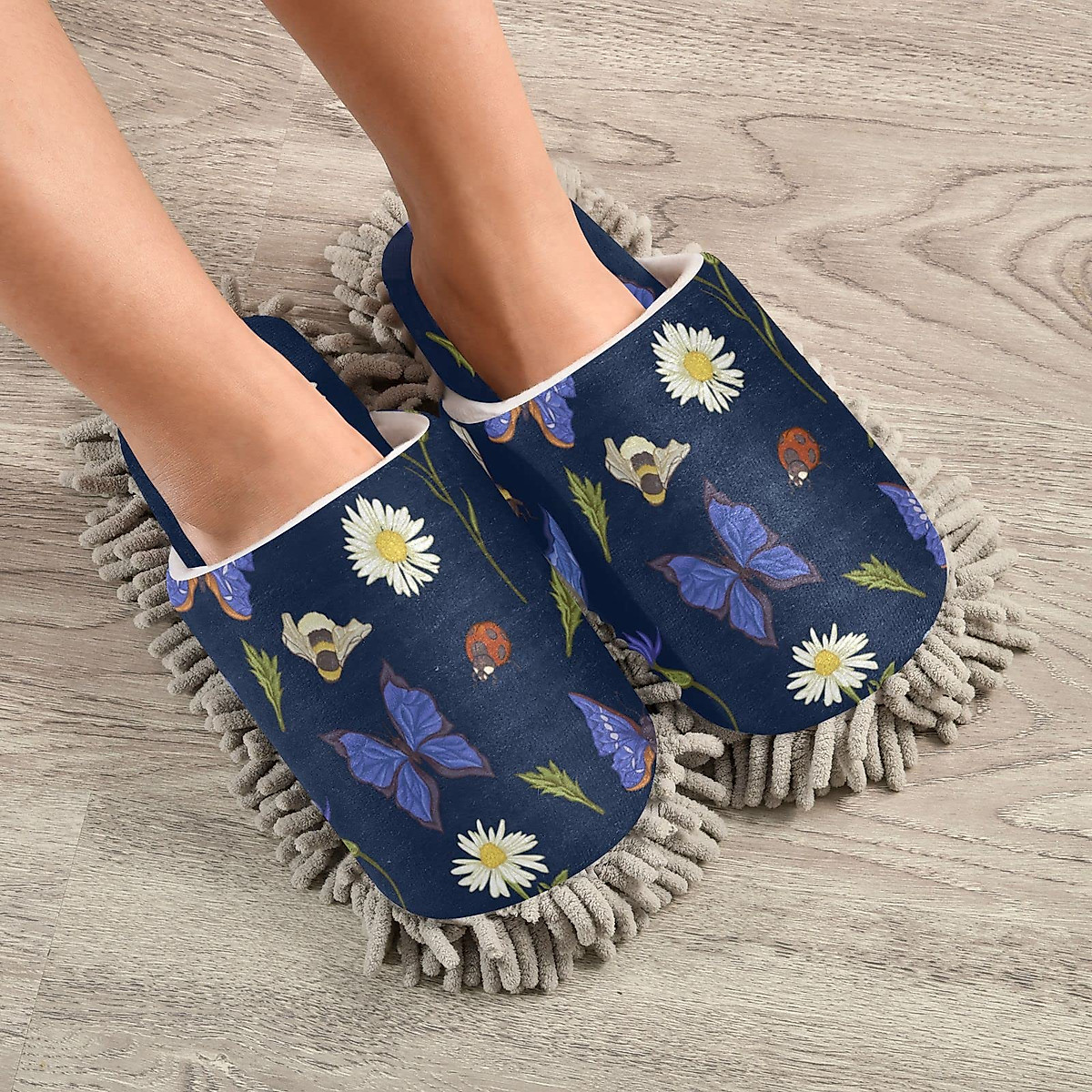 Daisies Bee Butterflies Mop Slippers Shoes Cover for Floor Cleaning Washable Hair Dirty Dust Cleaners Microfiber Mop Socks for House Kitchen Office