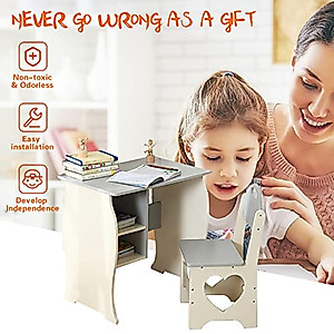 ocinone Kids Desk and Chair Set, Children Study Desk with Storage Shelf, Wooden School Study Table, Writing Table for Home School Use (Grey Beige)