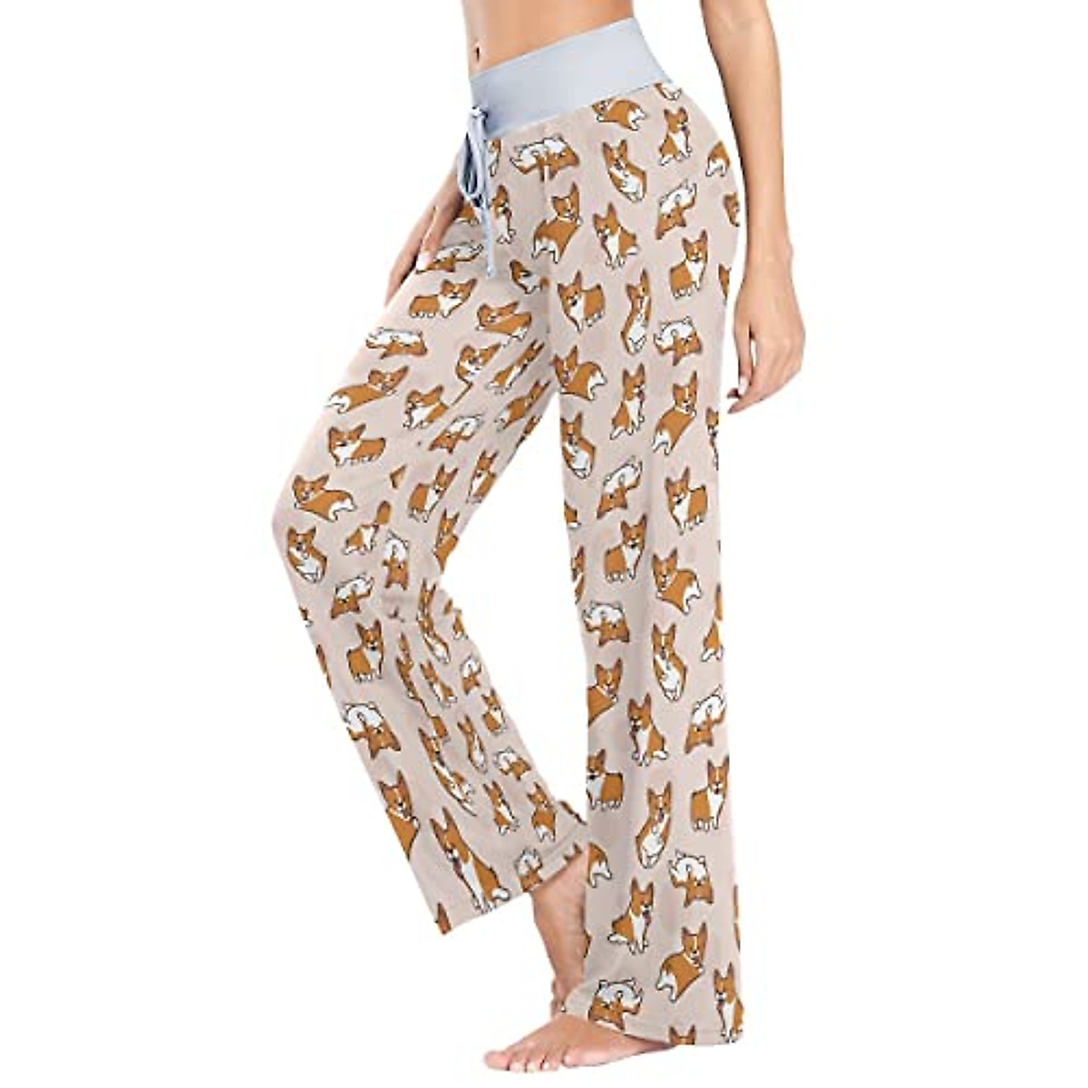 Women's Comfy Pajama Pants Cartoon Corgis Pattern Casual Drawstring Palazzo Lounge Wide Leg Pants, Medium