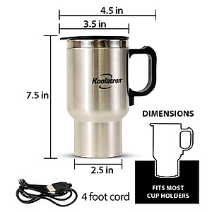Koolatron 12V USB Insulated Travel Mug with Heater, 500 mL (17 oz), Silver and Black Stainless Steel for Car, SUV, Truck, Office, Home, Dorm
