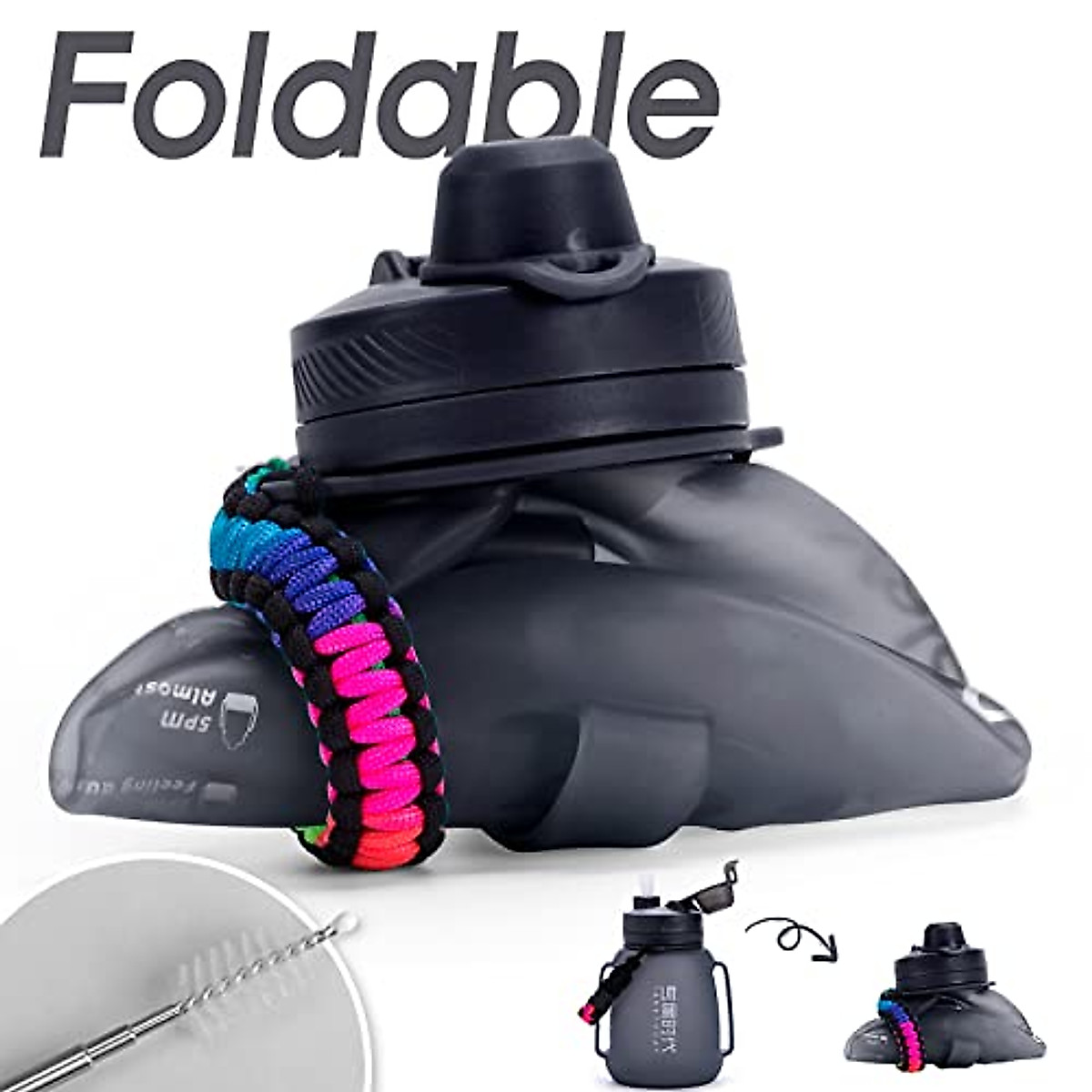 TakeToday Collapsible Water Bottles 40 OZ Motivational Water Bottle with Straw and Paracord Handle Silicone Sports Water Jug with Times Leakproof Large Water Bottle for Yoga Camping Outdoors