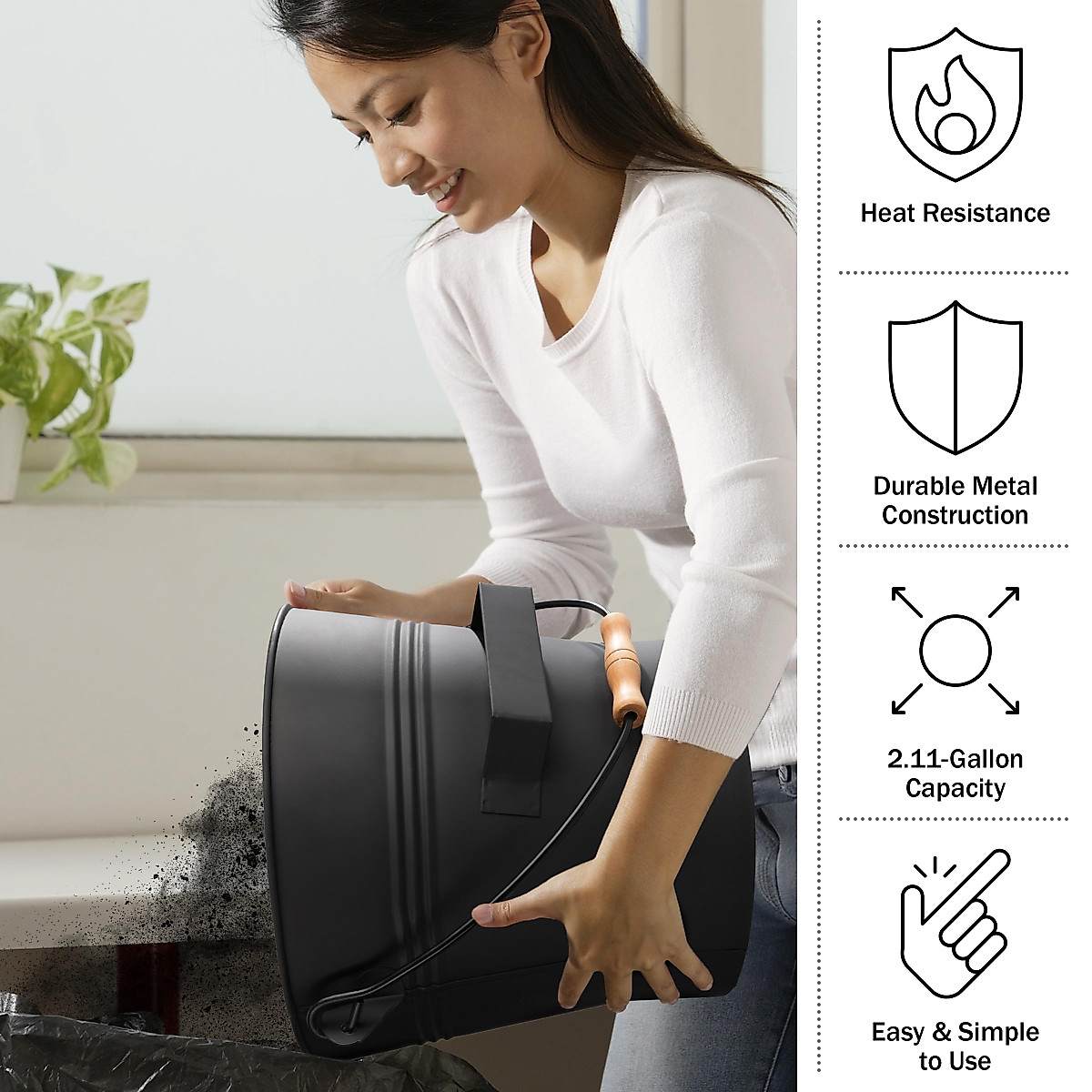 Pure Garden Ash Bucket with Lid, Broom, and Shovel, Black