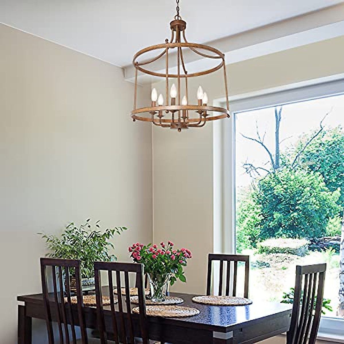 LOG BARN Farmhouse Chandelier, Dining Lighting Fixtures Hanging in Rustic Bronze, Drum Pendant for Kitchen Island, Living Room
