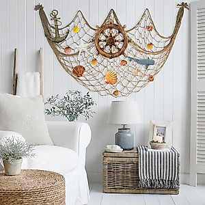 80x40 Inch Decorative Fishing Net w/Shells & Clips, 3mm Thickness Brown Natural Cotton Large Photo Hanging Fishnet, Wall Party Decorations for Nautical Pirate Hawaii Underwater Mermaid Themed Party